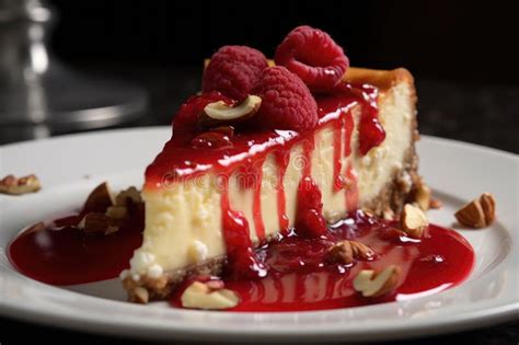 Beautiful Slice Of Cheesecake With Drizzle Of Raspberry Sauce And Sprinkle Of Crushed Nuts