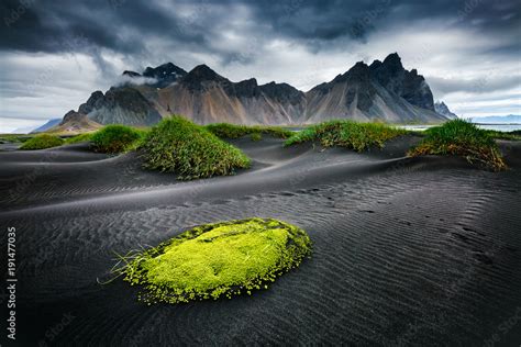 Great Wind Rippled Beach Black Sand Location Vestrahorn Iceland