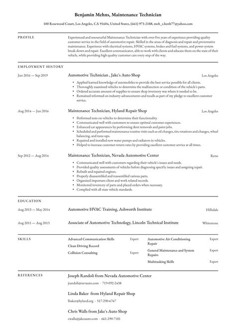 Maintenance Tech Resume