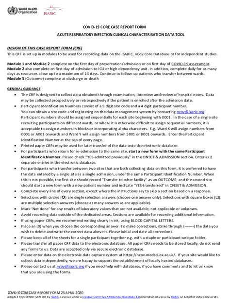 Fillable Online Case Record Form Instructions Severe Acute Fax