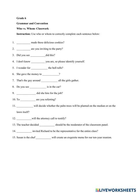 Who Vs Whom Cla… Free Interactive Worksheets 5221489