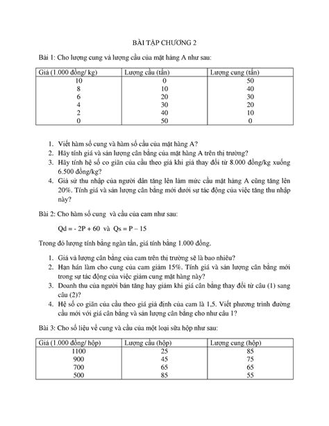 BĂ€i Táº¬p ChÆ¯Æ Ng 2 Xzzz BÀi TẬp ChƢƠng 2 Bài 1 Cho Lƣợng Cung