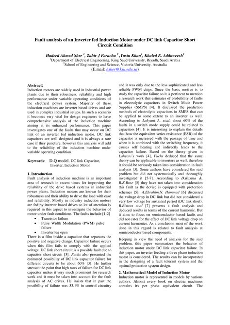 Pdf Fault Analysis Of An Inverter Fed Induction Motor Under Dc Link Capacitor Short Circuit