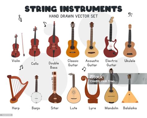 Set Vektor Instrumen String Biola Lucu Sederhana Cello Double Bass