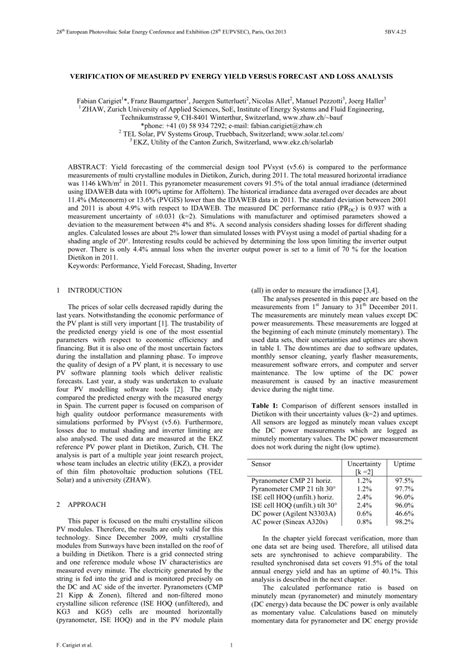 Pdf Verification Of Measured Pv Energy Yield Versus Forecast And Loss