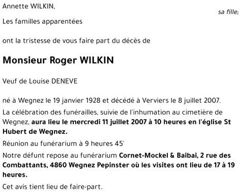 Avis De Décès De Roger Wilkin Décédé Le 08072007 à Verviers Annonce