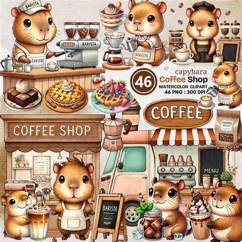 Capybara Coffee Shop Watercolor Clipart 46 Png Cozy Cafe
