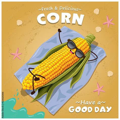 Vintage Corn Poster Design With Vector Corn Character Stock Vector