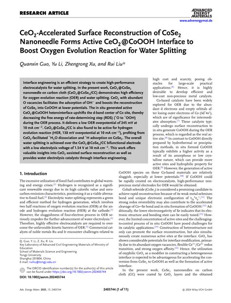 Ceo2‐accelerated Surface Reconstruction Of Cose2 Nanoneedle Forms Active Ceo2 Coooh Interface To