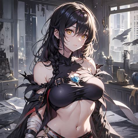 Anime Girl With Black Hair And A Black Bra Top Seaart Ai
