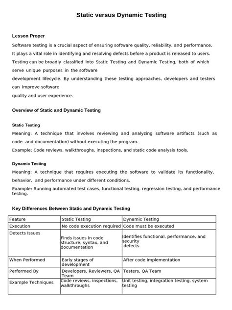 Static Vs Dynamic Testing Pdf Software Testing Software Development