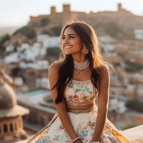 Beautiful Indian Woman In Traditional Dress With Cityscape Background