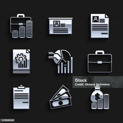 세트 파이 차트 인포 그래픽 스택 종이 돈 현금 돈 가방과 동전 서류 가방 문서 와 함께 이력서 및 아이콘 벡터 가방에 대한 스톡 벡터 아트 및 기타 이미지 Istock