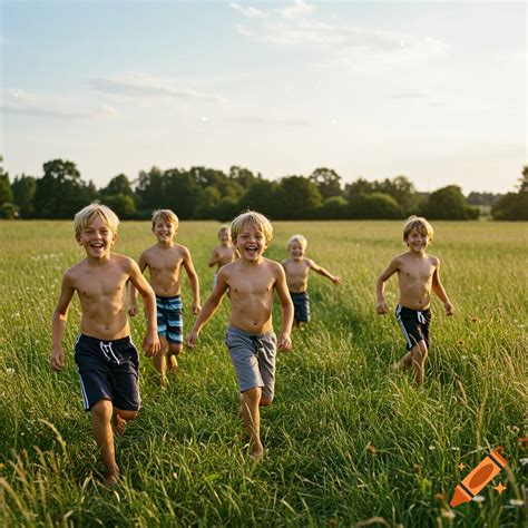 Smiling Shirtless Boys Run Through A Sunny Tall Grassy Field On Craiyon