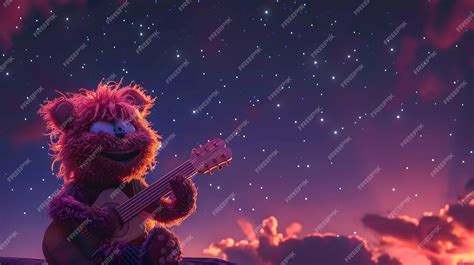 Premium Photo Pink Muppet Playing Guitar Under Starry Night Sky