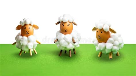 Creative Easter Egg Sheep On Green Grass Background With Cotton Wool