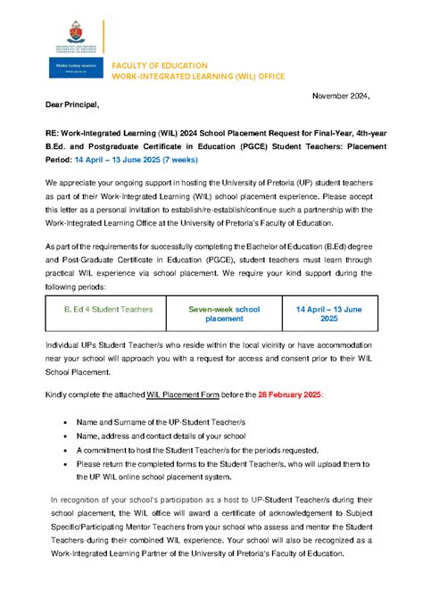 Wil2025 Placement Form Pro452 Faculty Of Education Work Integrated
