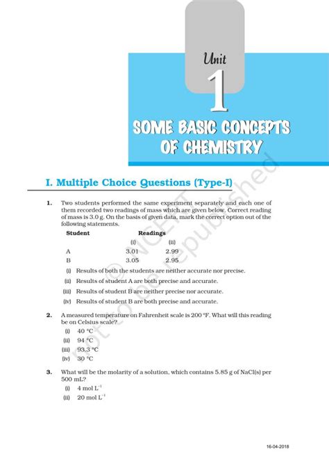 Ncert Exemplar Book For Class 11 Chemistry Chapter 1 Some Basic