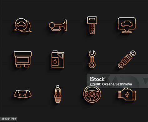 라인 깨진 앞 유리 자동차 점화 플러그 서비스 스티어링 휠 엔진 점검 모터 오일 용기 쇼크 업소버 및 렌치 스패너 아이콘을