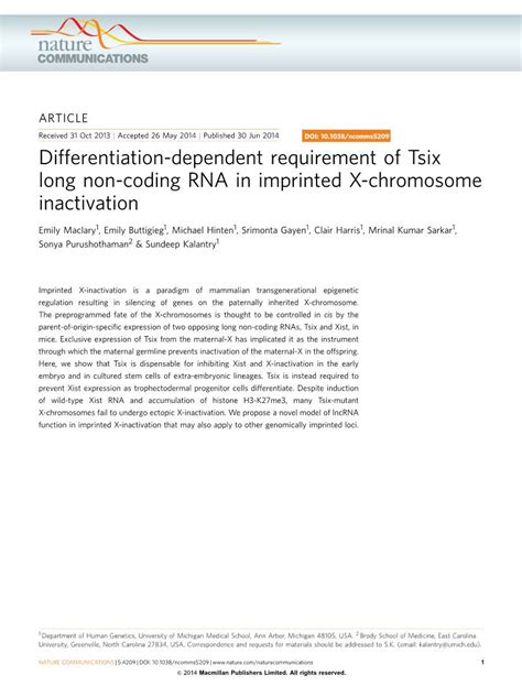 Differentiation Dependent Requirement Of Tsix Long Non Coding Rna In