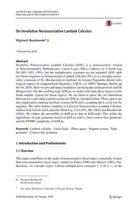 Pdf On Involutive Nonassociative Lambek Calculus