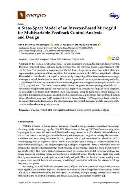Pdf A State Space Model Of An Inverter Based Microgrid For Multivariable Feedback Control