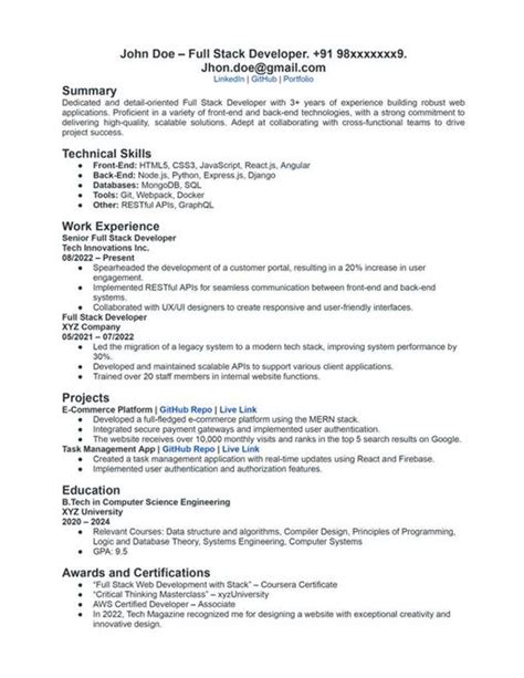 Full Stack Developer Resume Template Examples And Tips Geeksforgeeks