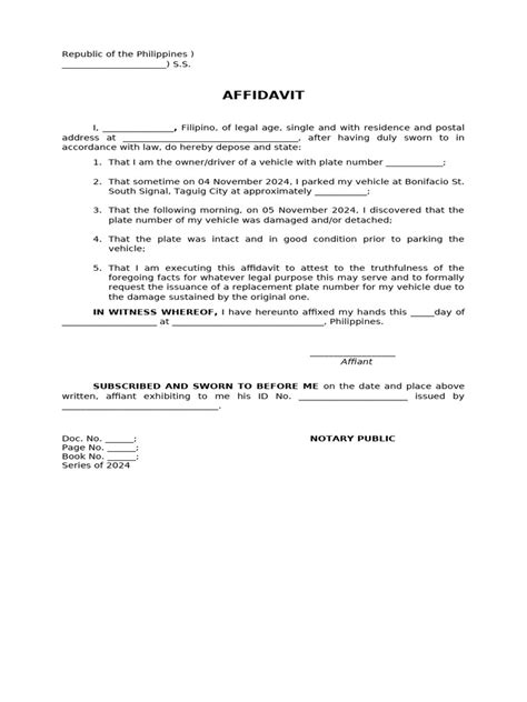 Affidavit For Replacement Plate Number Pdf