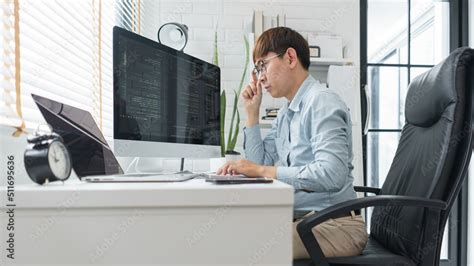 Software Development Concept Male Programmer Looking Data On Laptop
