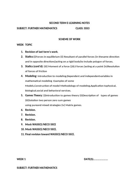 Sss3 Further Mathematics Second Term E Learning Notes Pdf