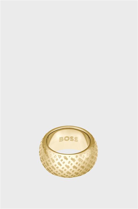 Boss Gold Tone Ring With Engraved Monograms Gold Tone