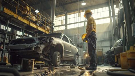 Auto Car Engineer Doing Work Car Engineer At The Workstation With Yellow Helmet Hard Worker