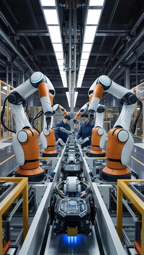 Illustration Of High Tech Automated Factory Floor With Humans And