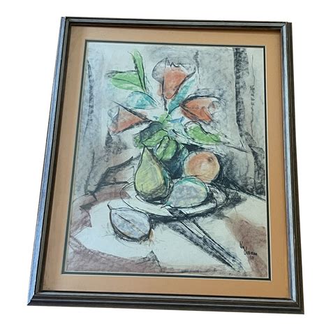 1951 William Oberman Modern Cubist Still Life Pastel Drawing Of Flowers And Fruit Framed Chairish