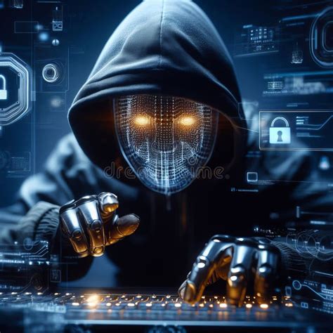 A Photo Realistic Image Of A Hacker In A Hoodie And Mask With Glowing Eyes Typing On A Keyboard