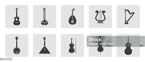 현악기 아이콘 세트 기타 비올론 첼로 류트 하프 거문고 밴조 시타르 발랄라이카 실루엣 기호 아이콘 기호 픽토그램 벡터 그림 시타르에 대한 스톡 벡터 아트 및 기타 이미지