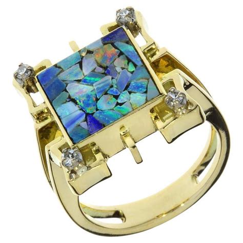 Art Deco Opal Mosaic And Diamond 14k Ring For Sale At 1stdibs