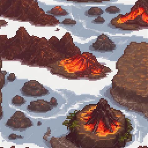 Pixel Art Of A Volcano Erupting In A River Setting Premium Ai Generated Image