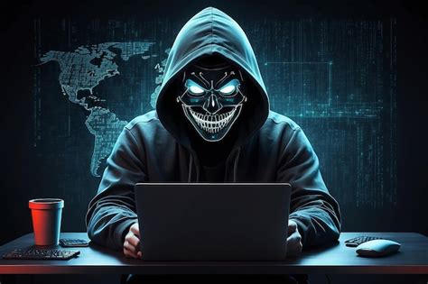 Smiling Hacker Sit In Front Of Laptop In The Dark Room With Virus