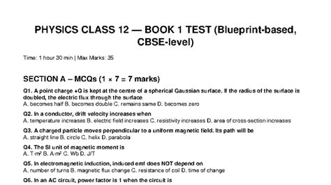 Physics Test Blueprint Cbse Physics Class 12 — Book 1 Test Blueprint