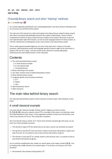 [tutorial] Binary Search And Other Halving Methods Codeforces Nors Blog [tutorial] Binary