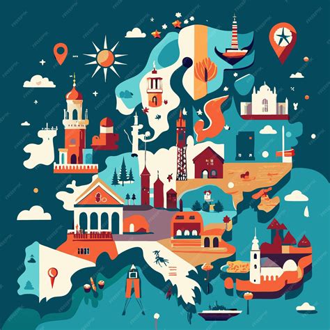 Illustrated Travel Map Of Europe With Icons Premium Ai Generated Vector