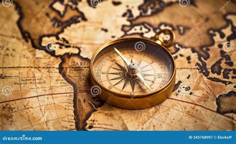 Old Fashioned Navigation Compass On An Old World Map Stock Image
