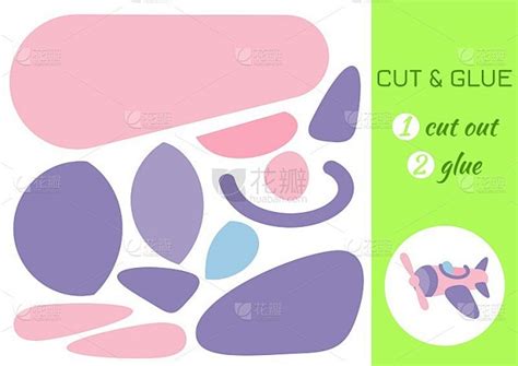 剪纸、粘纸、卡通粉紫色平面。剪切和粘贴工艺活动页面。学龄前儿童的教育游戏。diy工作表。幼儿逻辑游戏