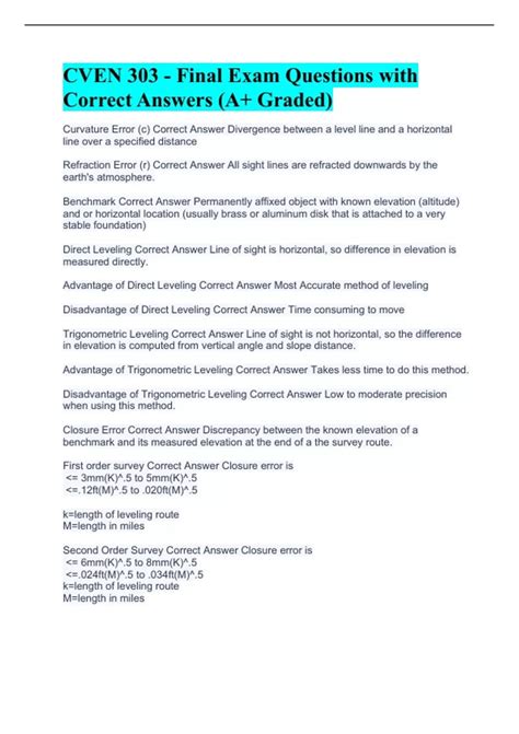 Cven 303 Final Exam Questions With Correct Answers A Graded Cven