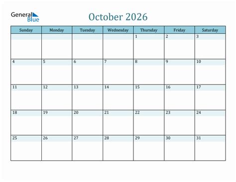 October 2026 Printable Monthly Calendar With Notes