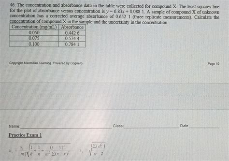 Solved 46 The Concentration And Absorbance Data In The