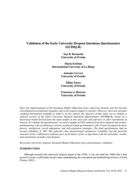 Pdf Validation Of The Early University Dropout Intentions