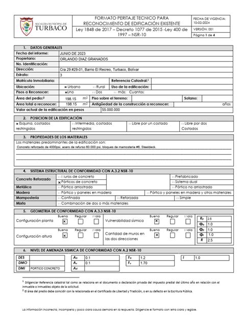 Formato Peritaje Tecnico Para Reconocimiento De Edificación Existente Version 001 Pdf