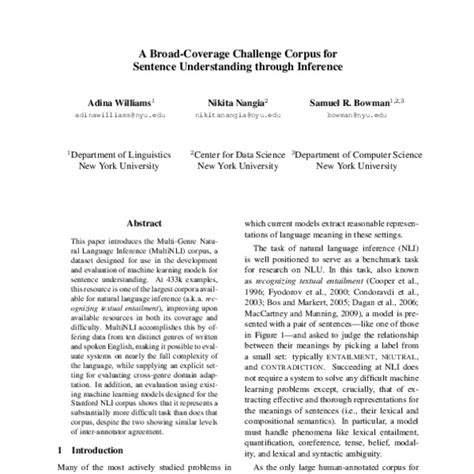 A Broad Coverage Challenge Corpus For Sentence Understanding Through Inference Acl Anthology